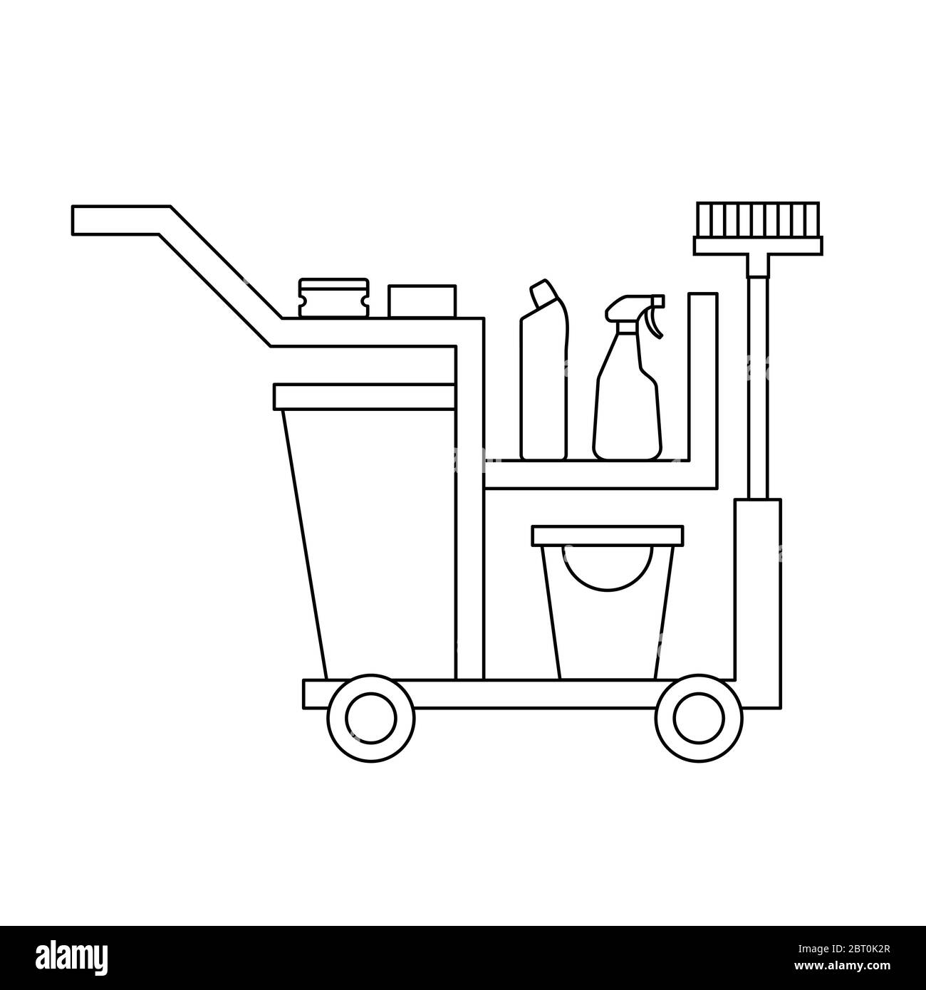 Cleaning trolley line icon. Cleaning service cart. Bucket, broom ...