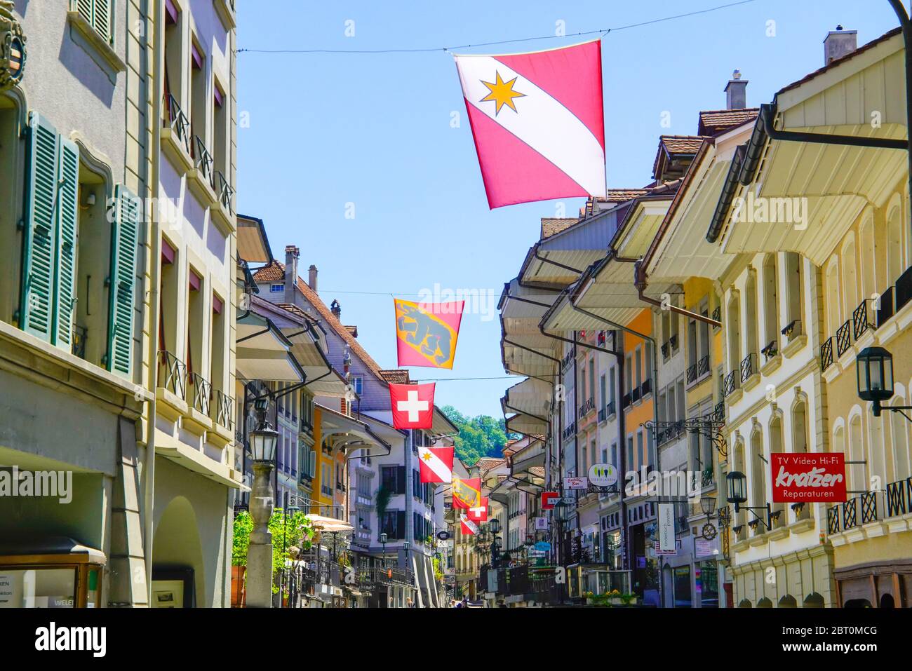 Colorful shopping street, Obere Hauptstrasse in Thun, Bern canton ...