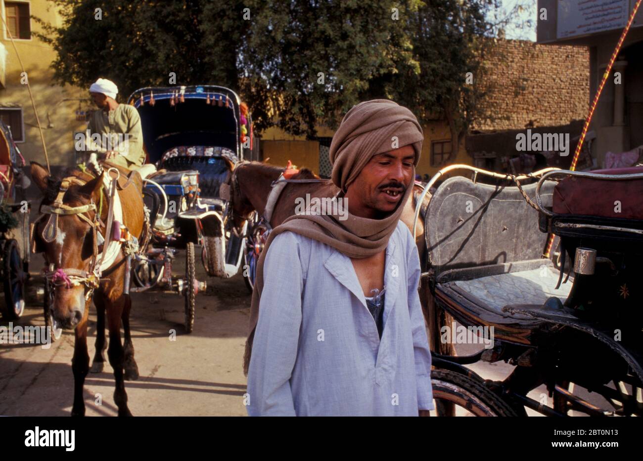 Egyptian men with horse drawn carriages for tourist rides in Edfu ...