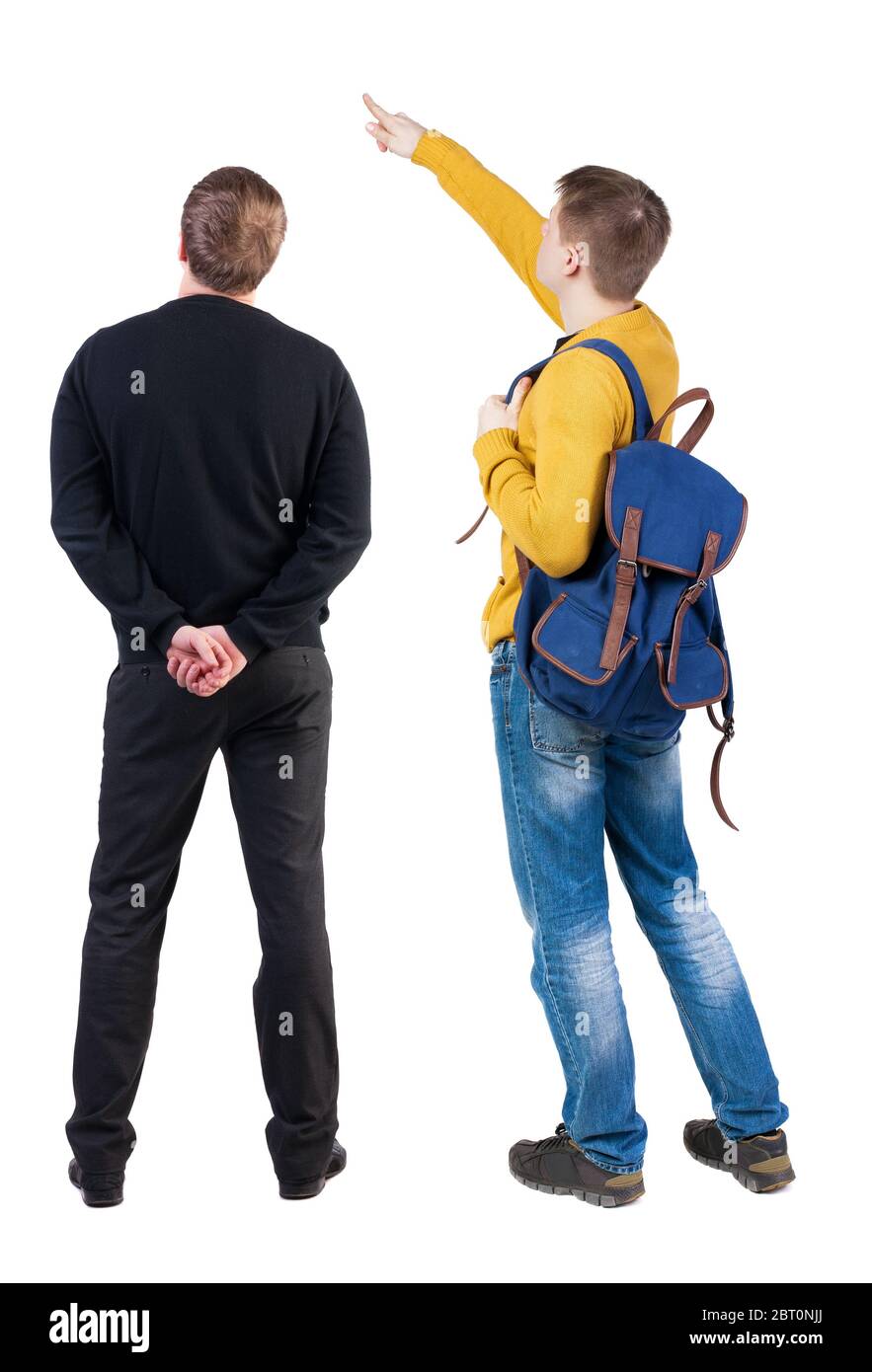 Back view of two man in sweater pointing. Rear view people collection ...