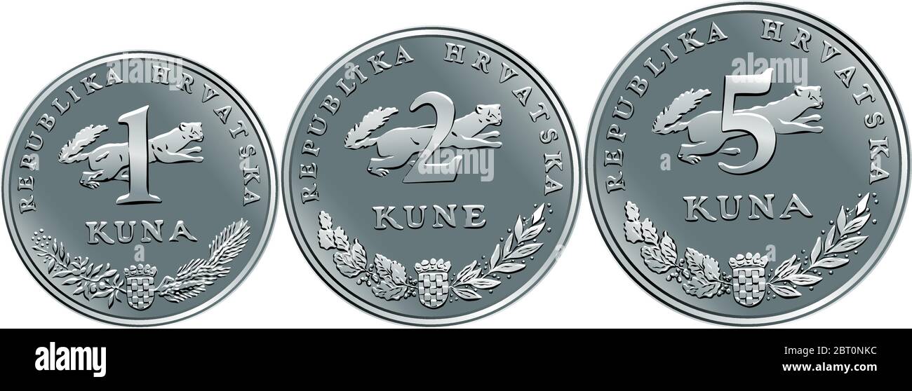 Set of obverse Croatian 1, 2 and 5 kuna coins with marten, coat of arms ...