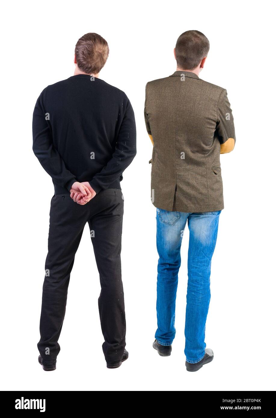 Back view of two man in sweater pointing. Rear view people collection ...