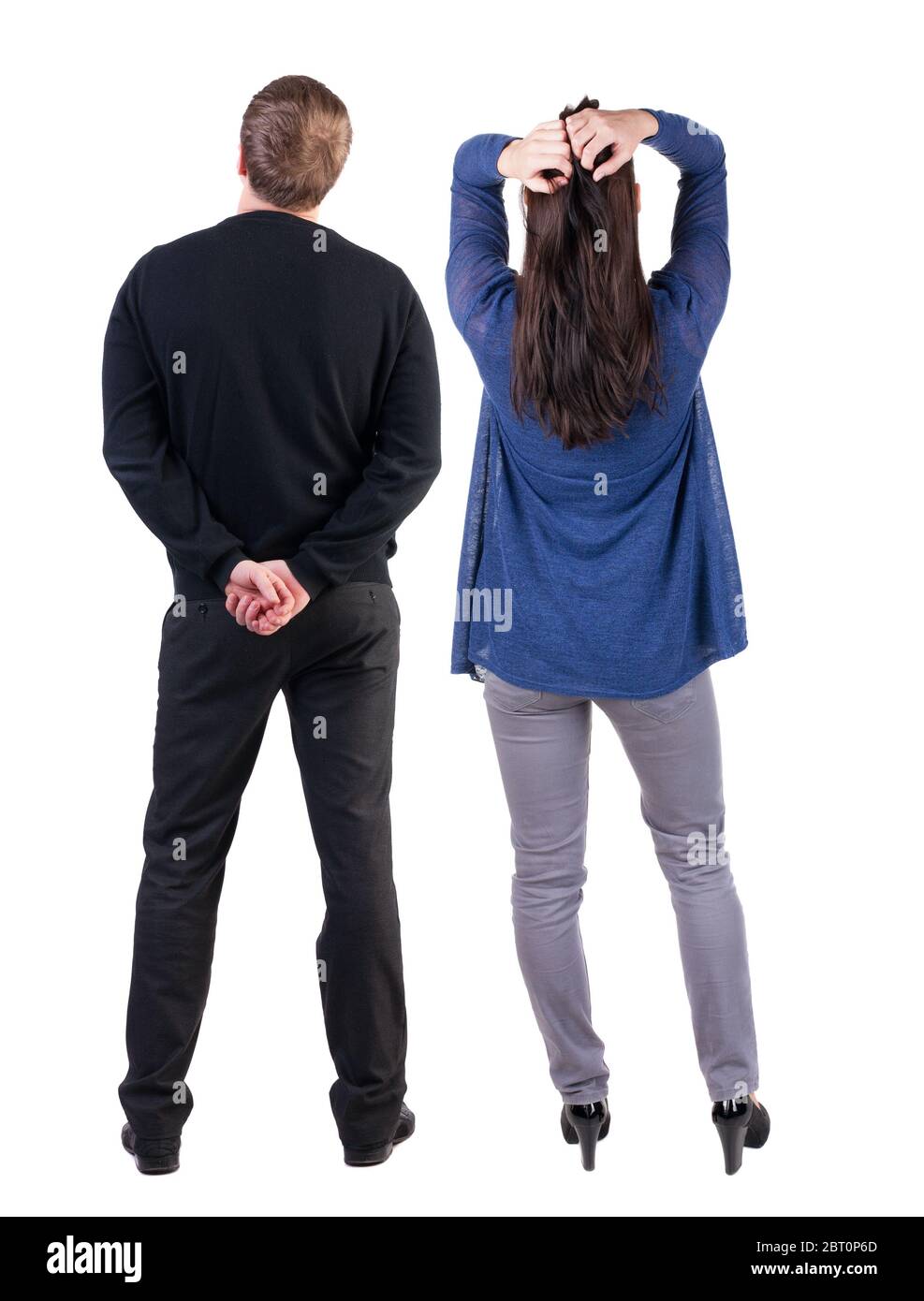 Back view couple in sweater. beautiful man and woman. Rear view people ...