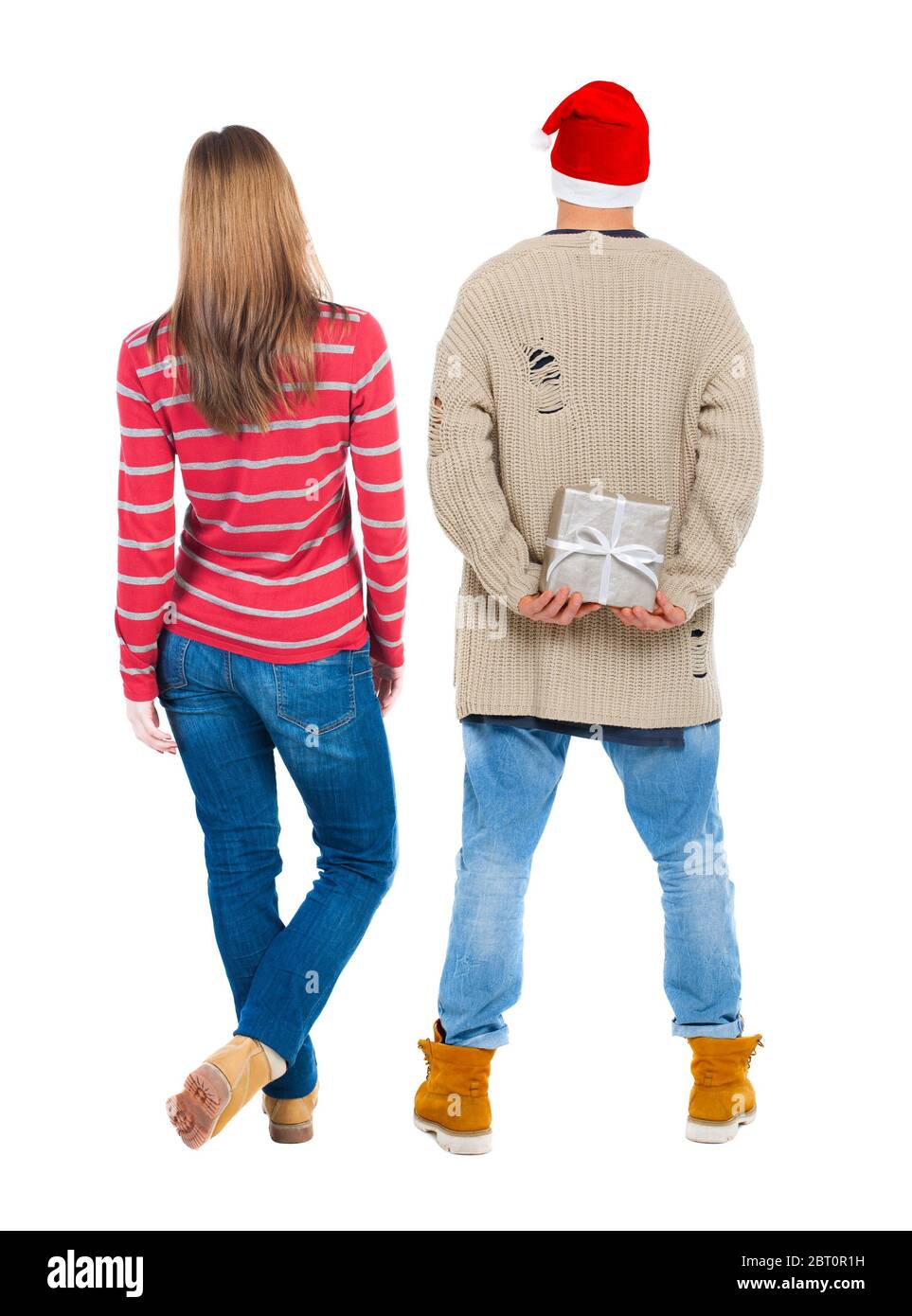 Back view couple in sweater. beautiful man and woman. Rear view people ...