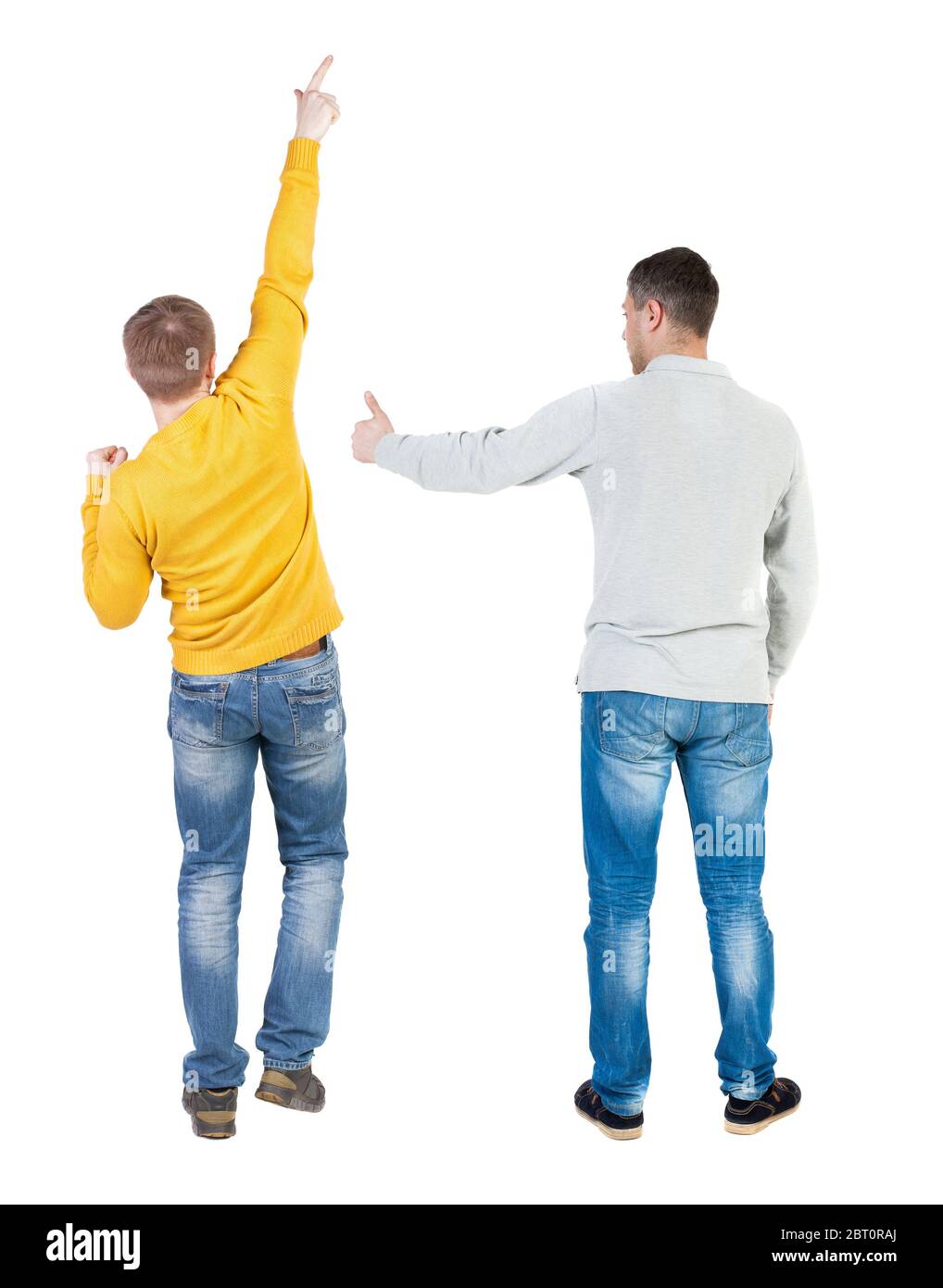 Back view of two man in sweater pointing. Rear view people collection ...