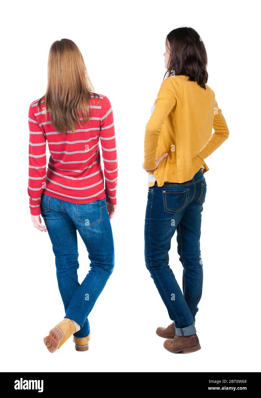 Back view of two woman in sweater. Rear view people collection ...