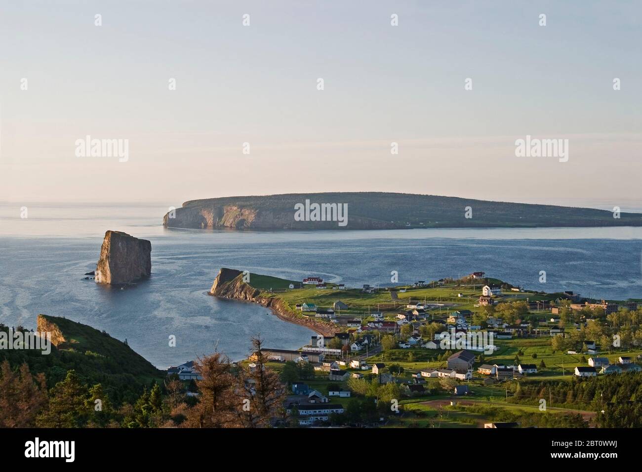A View of Perce village and Perce Rock, Gaspe Stock Photo - Alamy