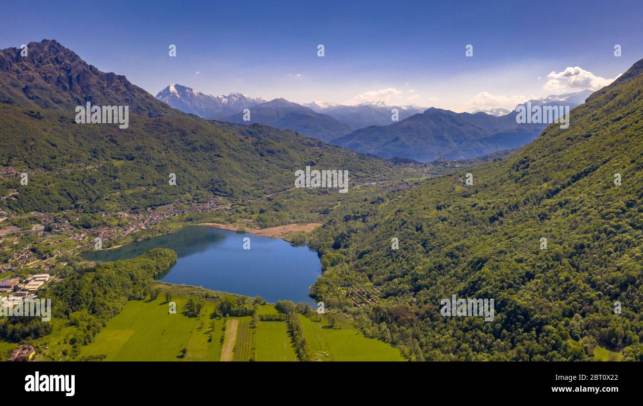 Aerial View of lake Lago di Piano seen from Porlezza, Cima, Lombardia ...