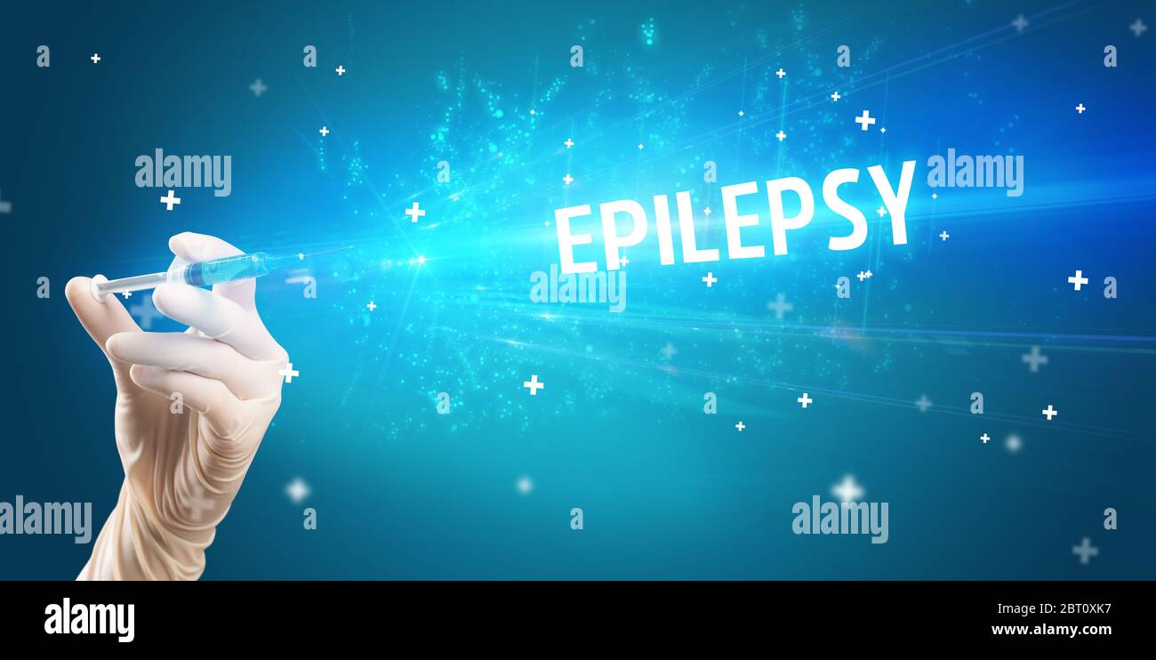 Syringe, medical injection in hand with EPILEPSY inscription, medical ...