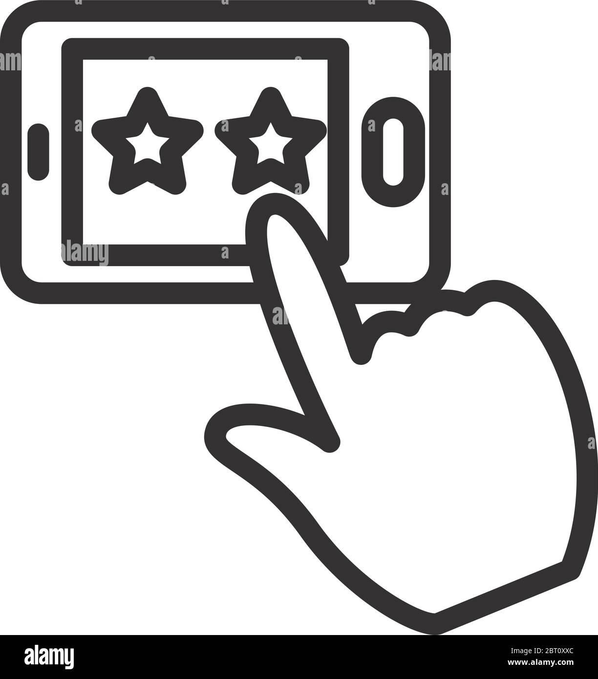 hand and smartphone device icon over white background, line style ...