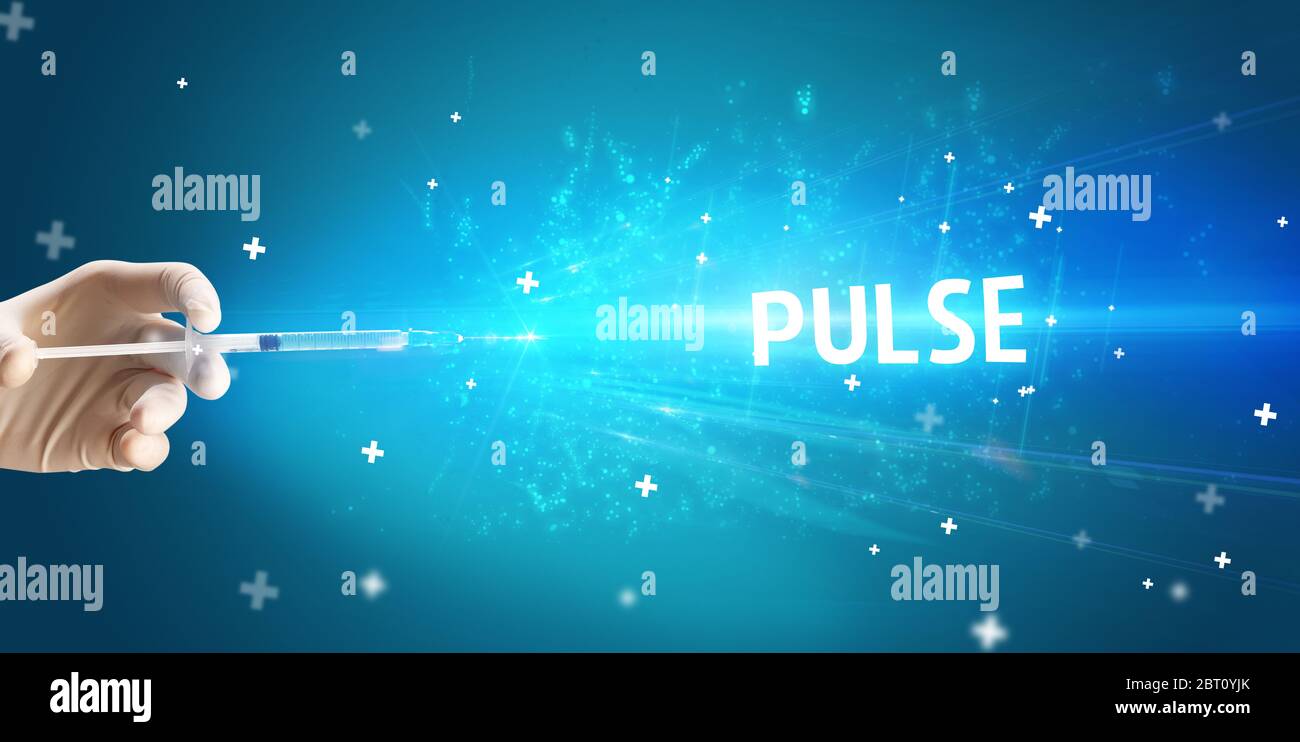 Syringe, medical injection in hand with PULSE inscription, medical ...