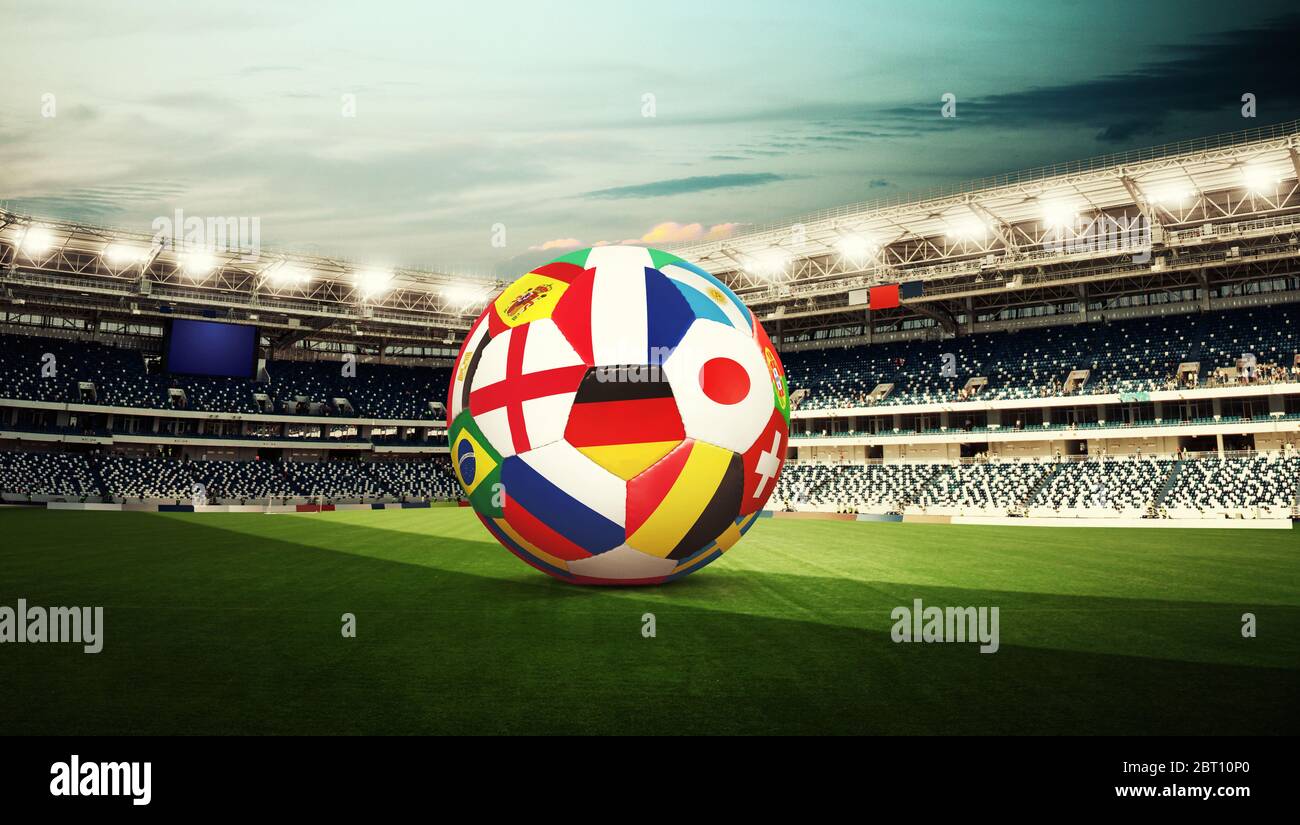 Football stadium, shiny lights, view from field. Soccer concept Stock ...