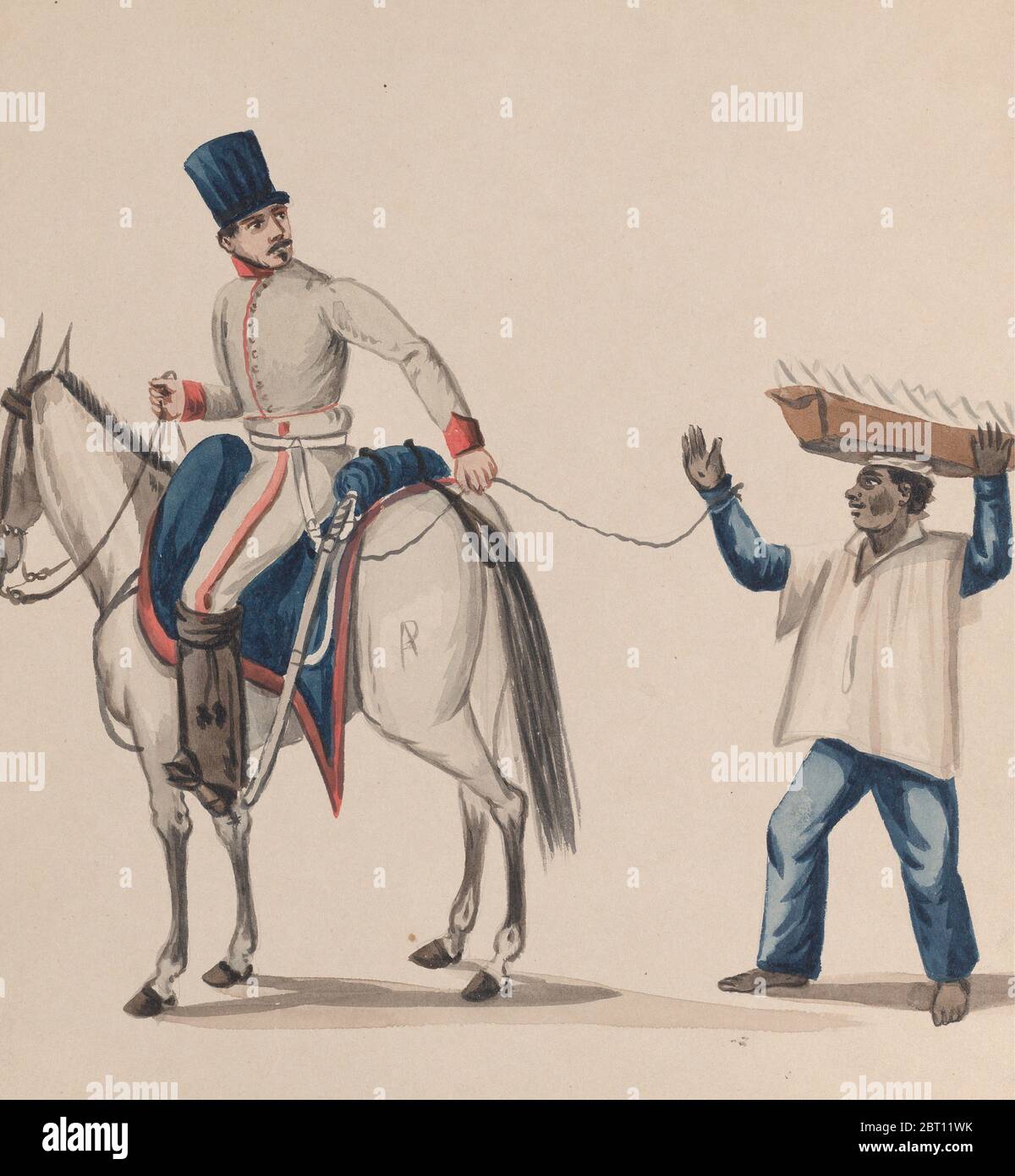 A soldier on horseback holding a rope that secures an indigenous slave ...