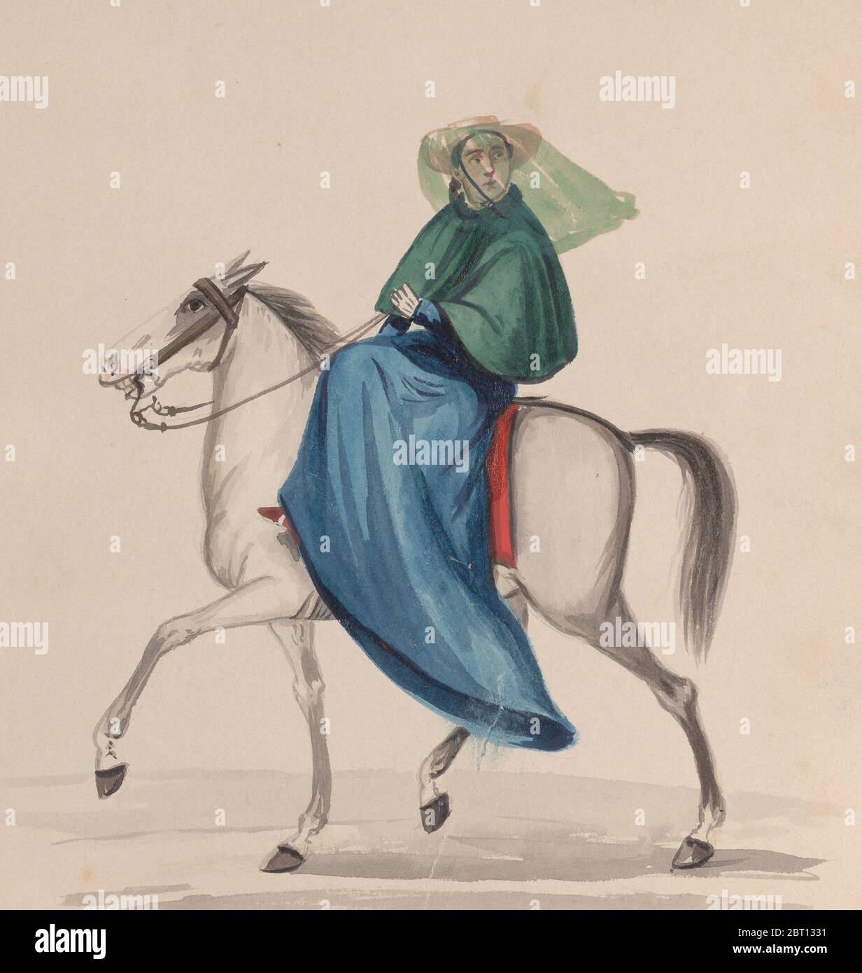 An elegantly dressed woman on horseback, from a group of drawings ...