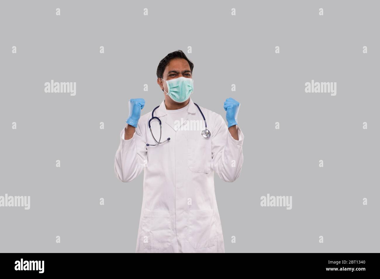 Doctor Excited Celebrating Success Wearing Medical Mask and Gloves ...