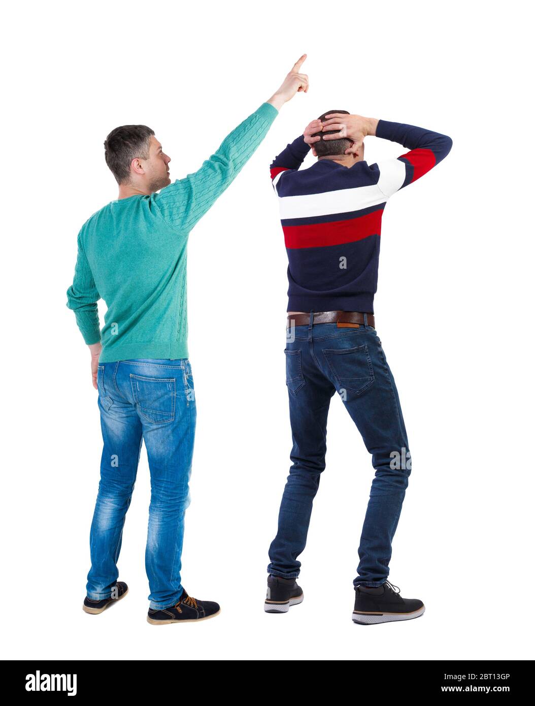 Back view of two man in sweater pointing. Rear view people collection ...