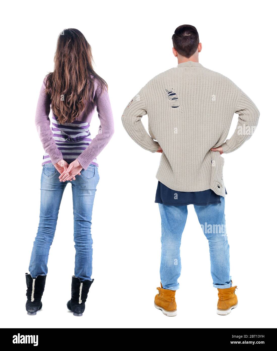 Back view couple in sweater. beautiful man and woman. Rear view people ...