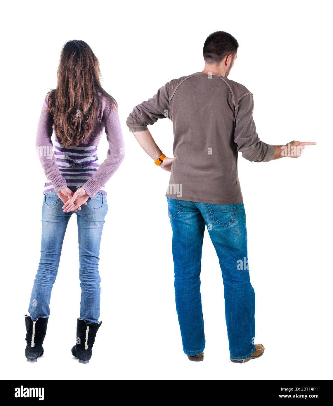 Back view of couple in sweater pointing. Rear view people collection ...