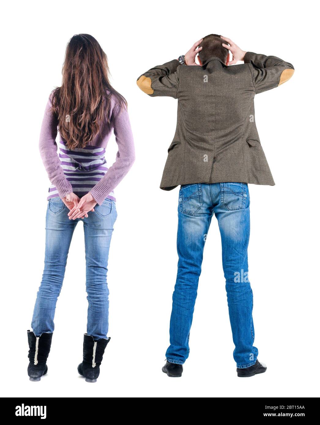 Back view couple in sweater. beautiful man and woman. Rear view people ...
