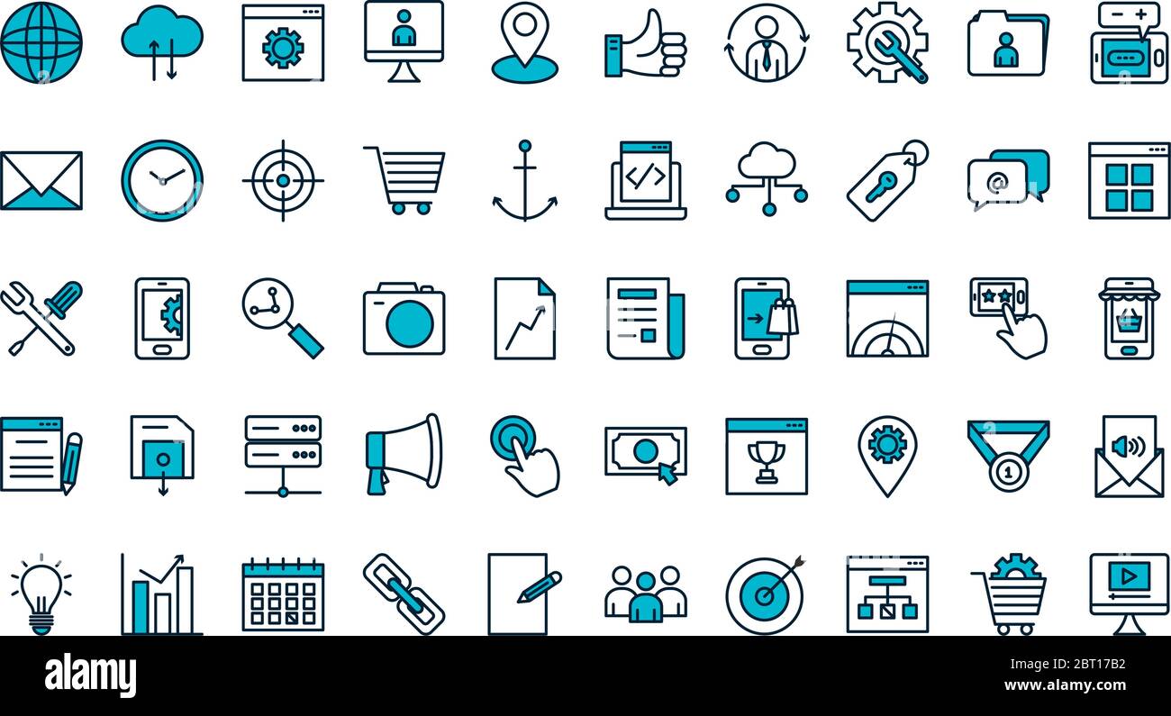 Seo and marketing online icon set over white background, half color ...