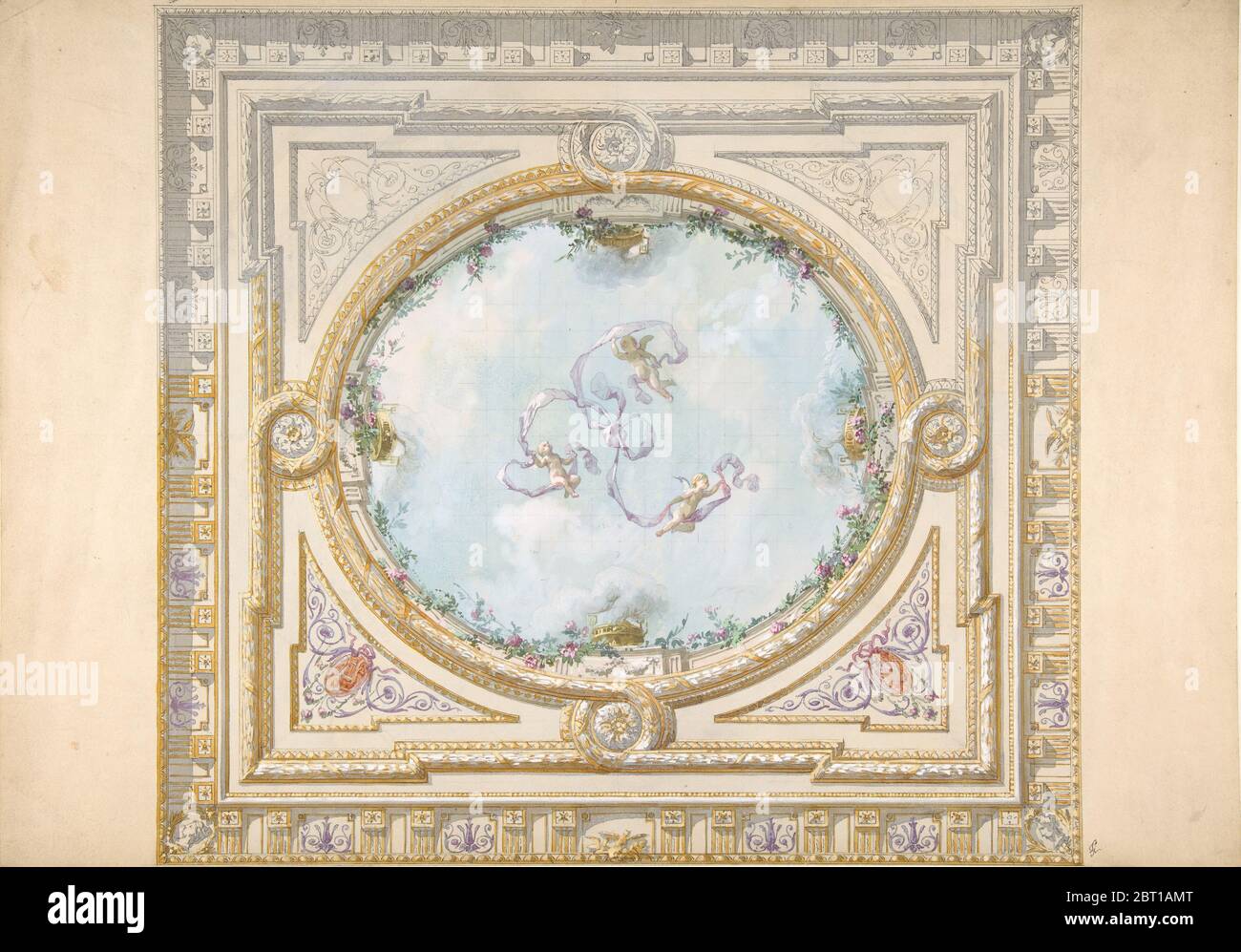 Design for a ceiling in rococo style with a trompe l'oeil oculus, 19th ...