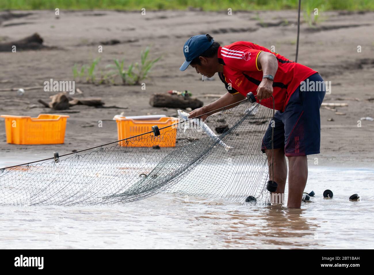 Fisherman with cigarette in mouth pulls in net fishing on the Amazon ...