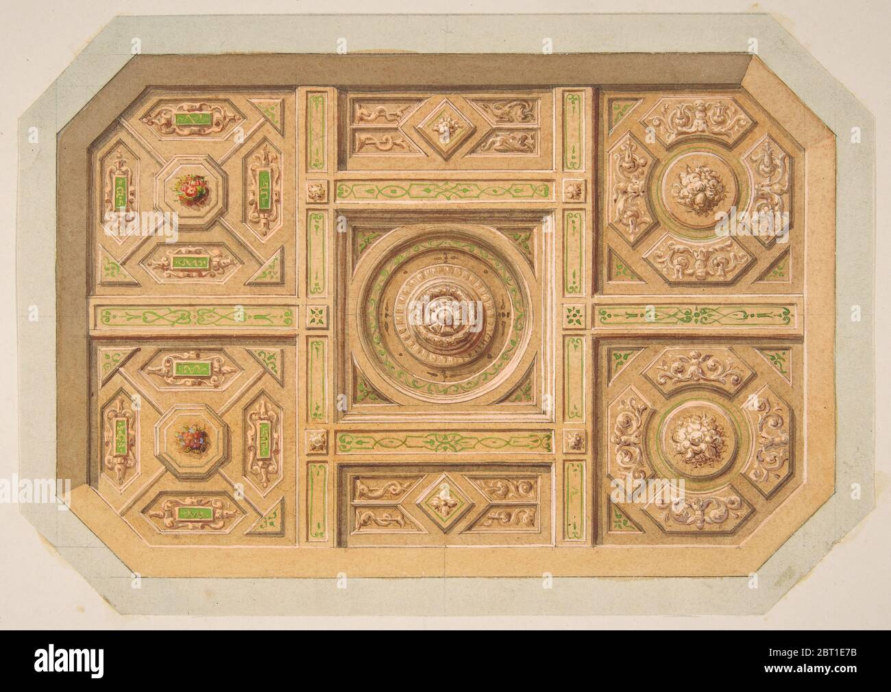 Design for a paneled ceiling with painted decoration, 19th century ...