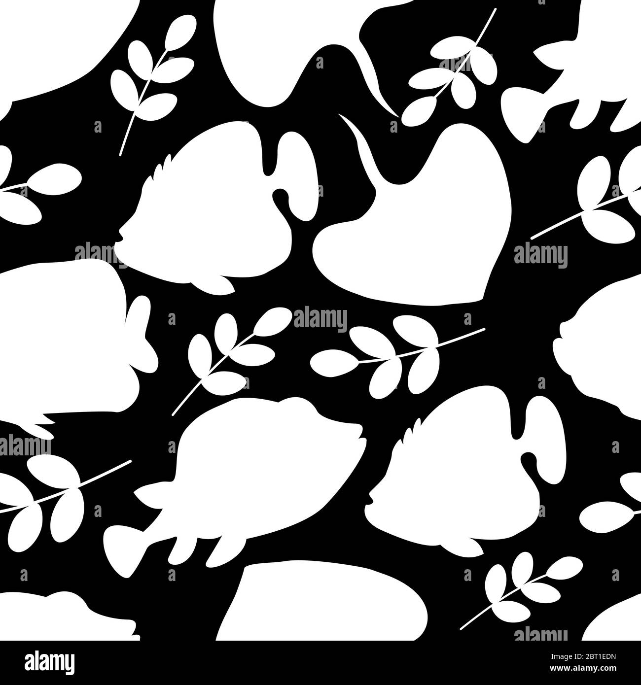 Seamless pattern white fish and leaves on a black background. For the ...