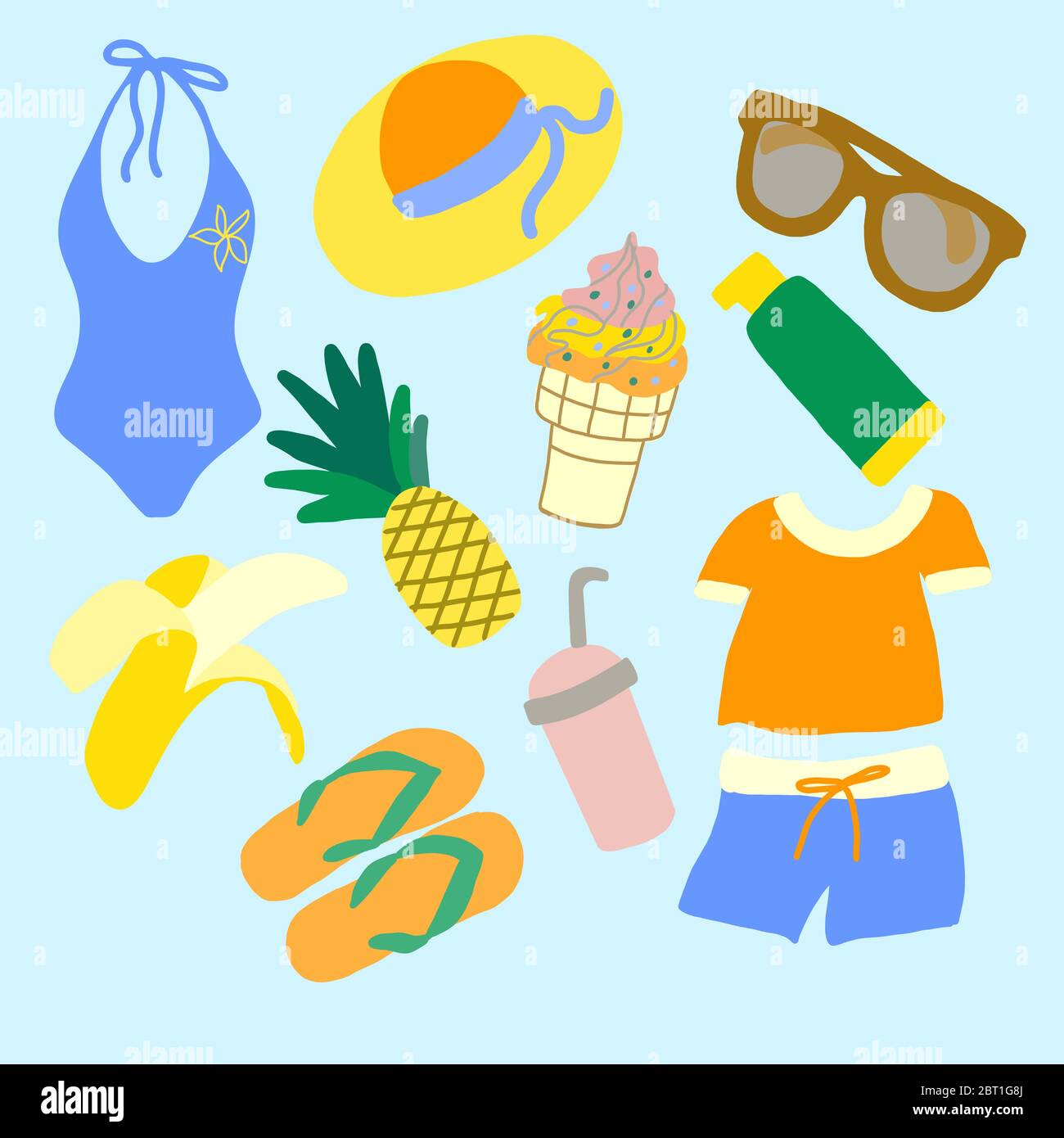Set of beach things and fruits in vector graphics on a blue background ...