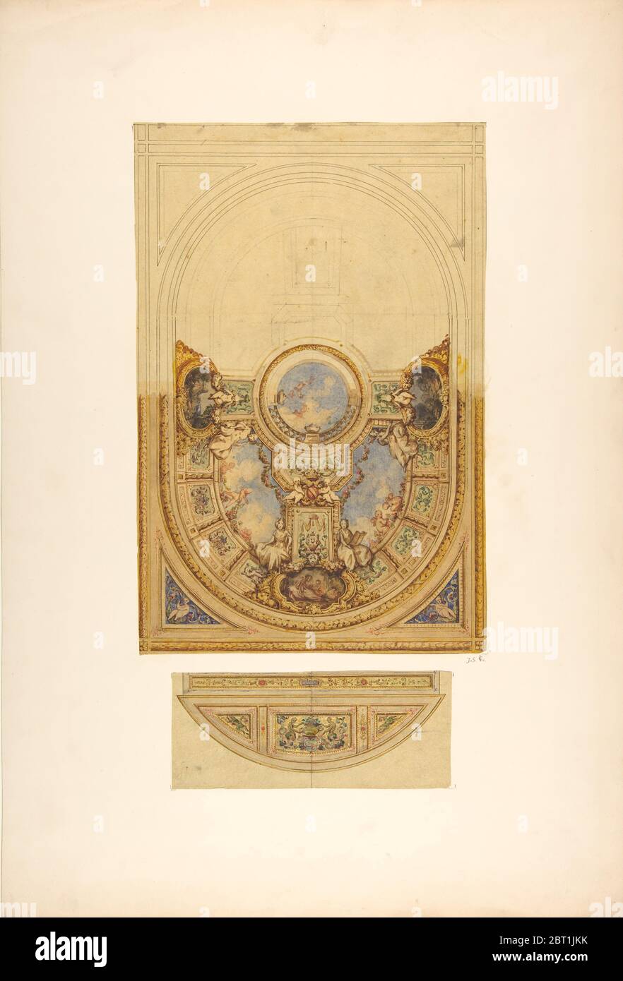 Design for the decoration of an oval ceiling with putti and garlands ...