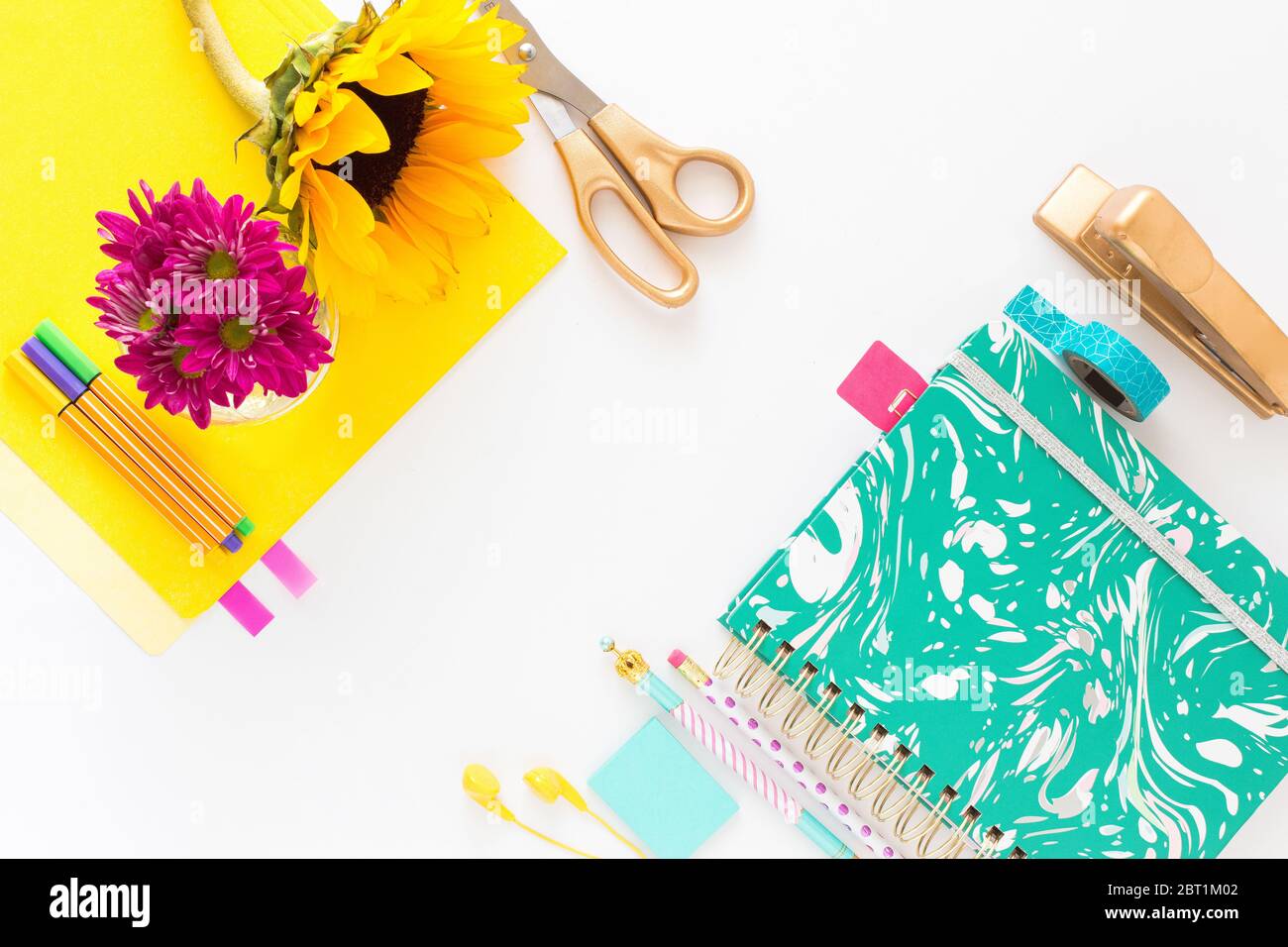 Colorful and fun office desk accessories in a white background Stock ...