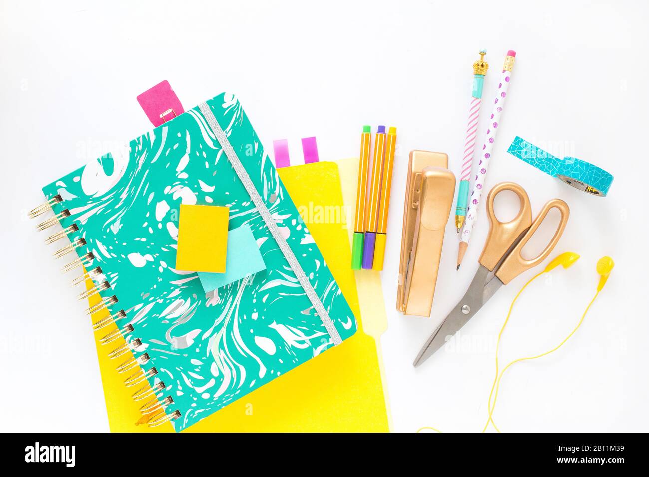 Colorful and fun office desk accessories in a white background Stock ...