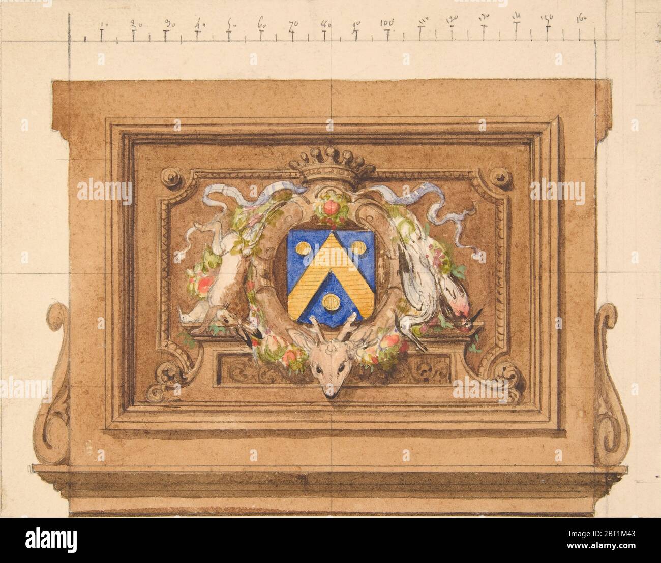 Design of a decorative panel featuring hunting trophies, a shield, and ...