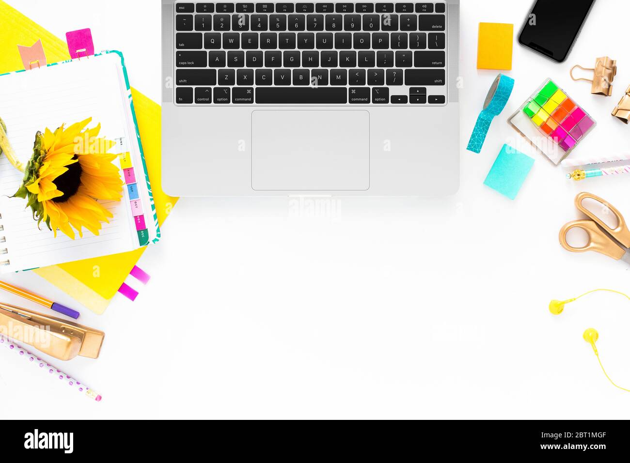 Colorful and fun office desk accessories in a white background Stock ...