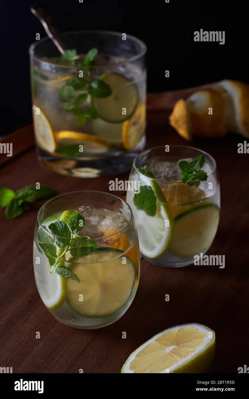 Home made lemonade with slices of lime, lemon and peppermint served in ...