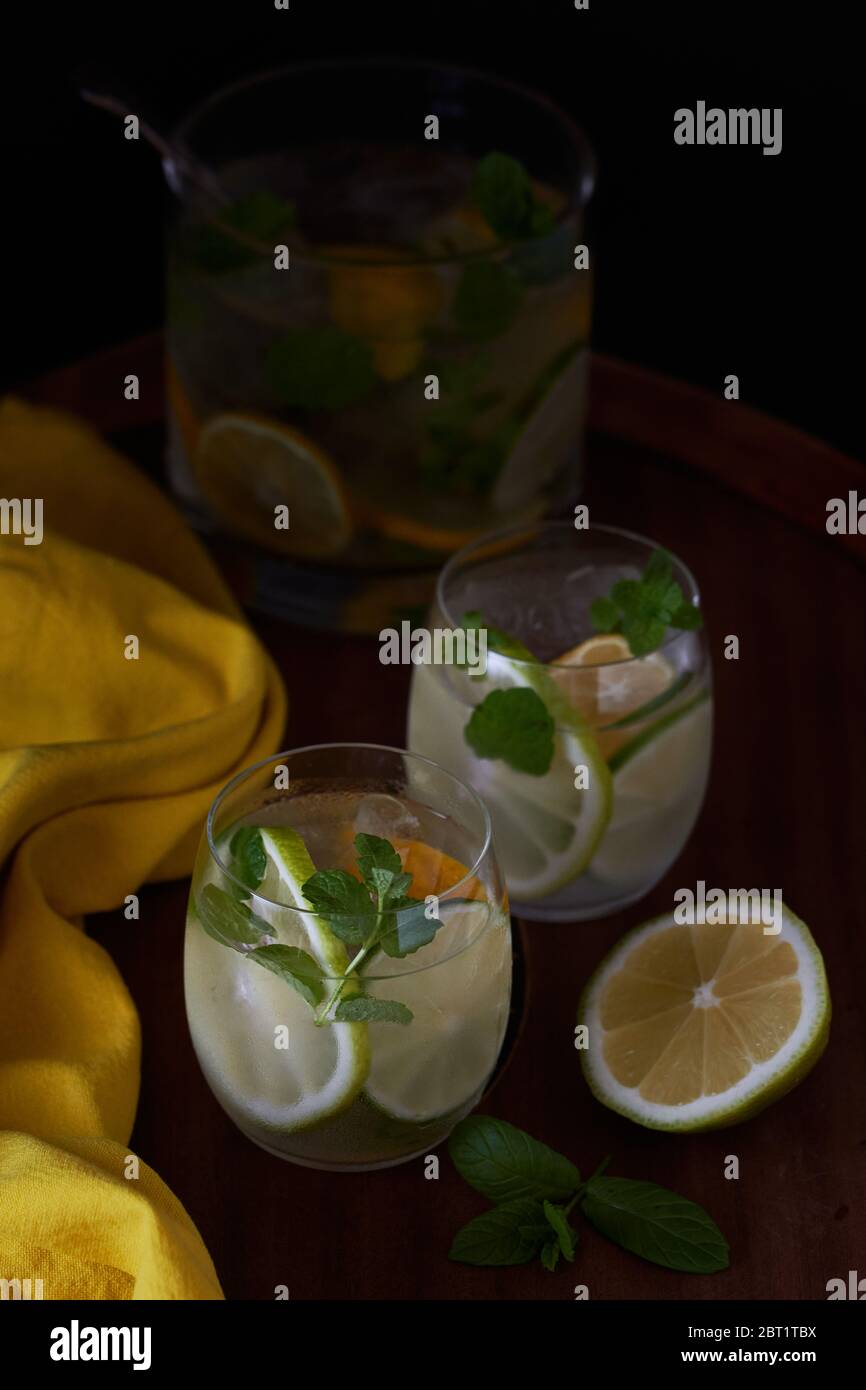 Home made lemonade with slices of lime, lemon and peppermint served in ...