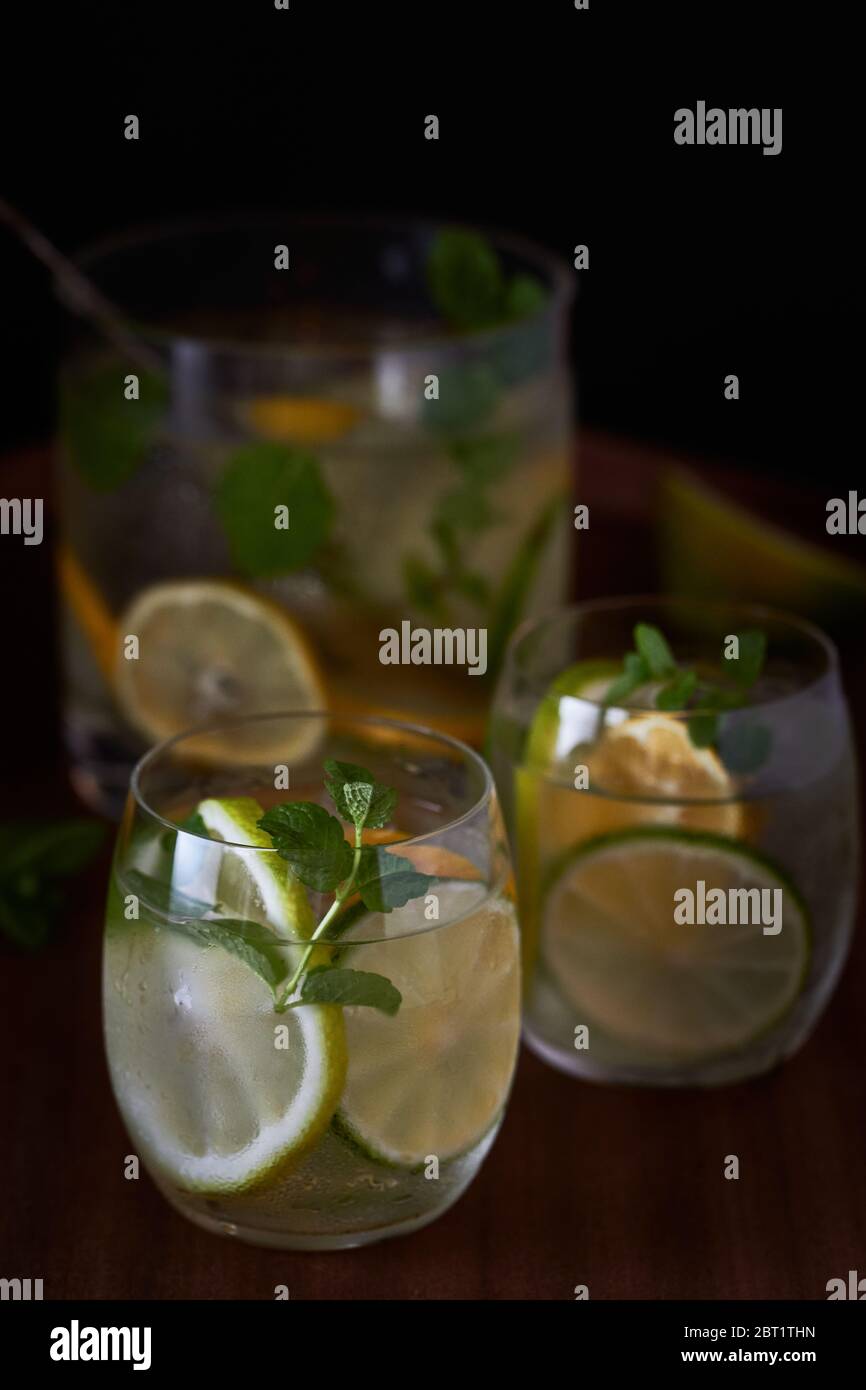 Home made lemonade with slices of lime, lemon and peppermint served in ...