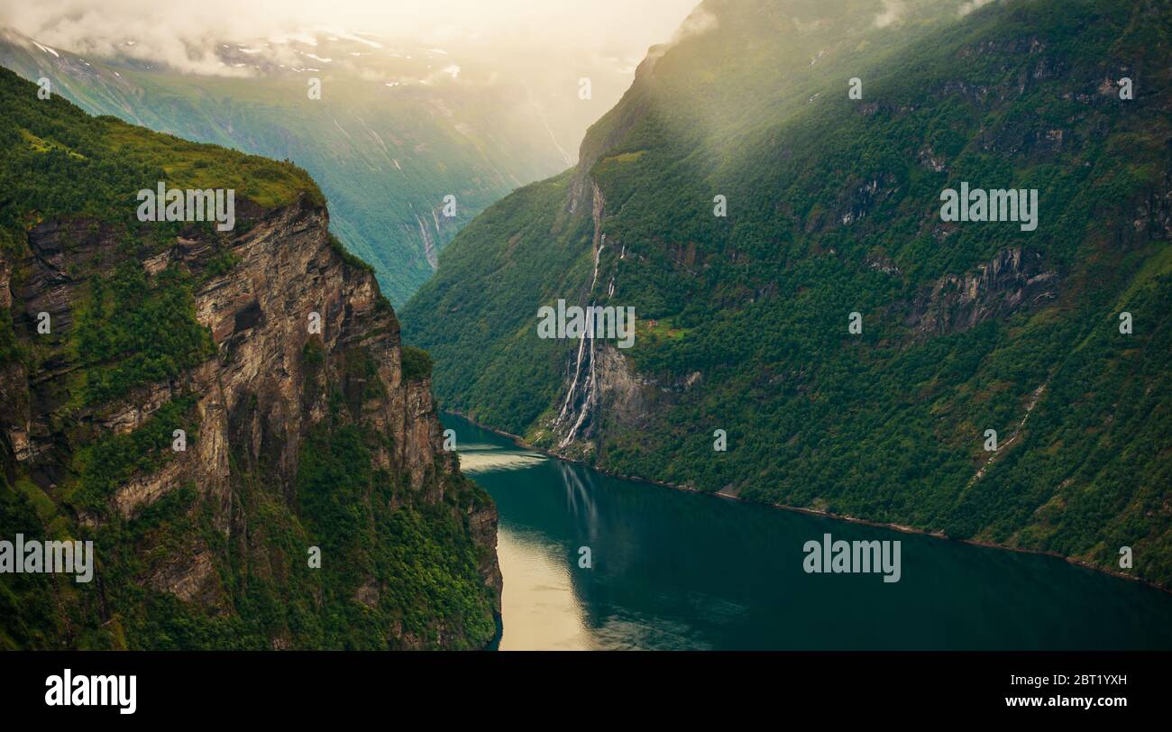 Aerial View Of Beautiful Inlet Of Steep Geiranger Cliffs In Norway With ...