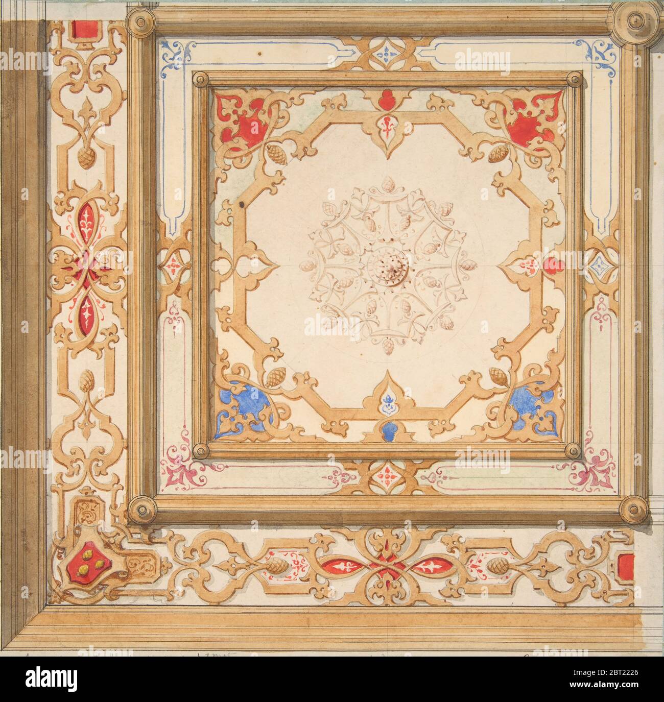 Partial design for a ceiling painted in strapwork and pine cone motifs ...