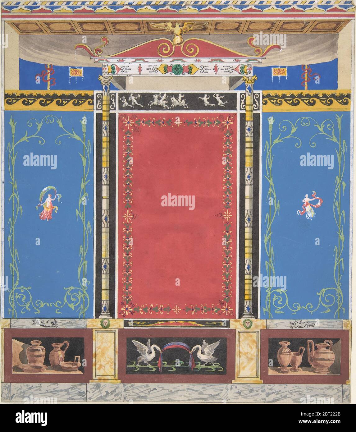 Painted Wall Decor Featuring Thin Column with a Pair of Swans and ...