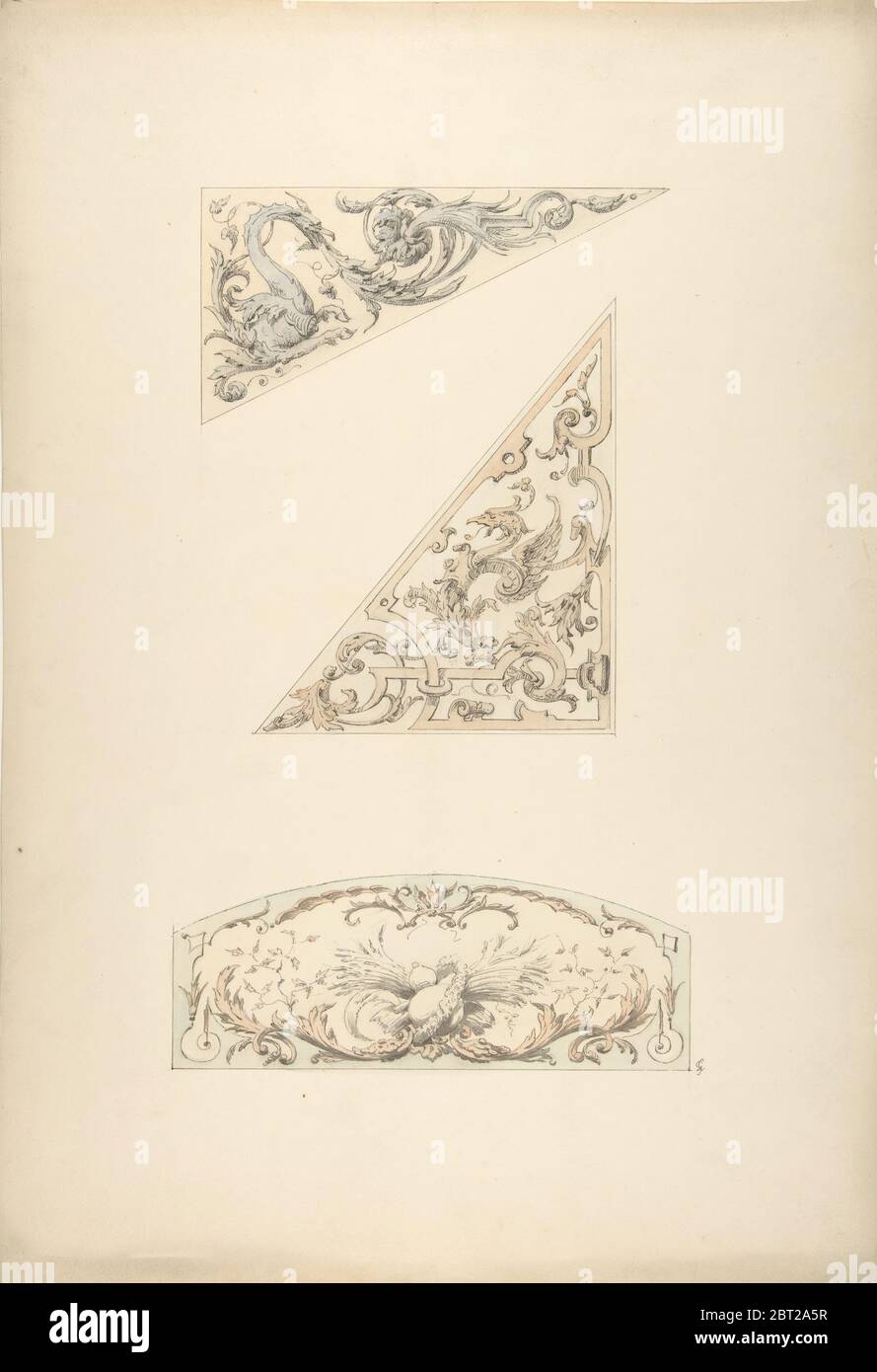 Three designs for painted decorative motifs featuring griffins and ...