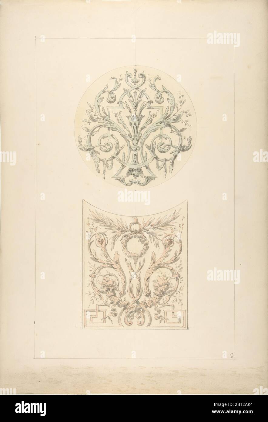 Two designs for decorative motifs featuring cornucopia and rinceaux ...