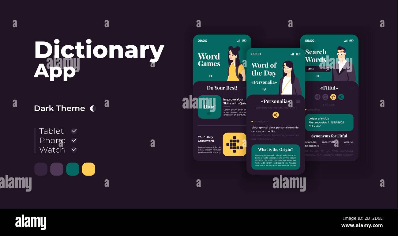 Dictionary app cartoon smartphone interface vector templates set Stock ...