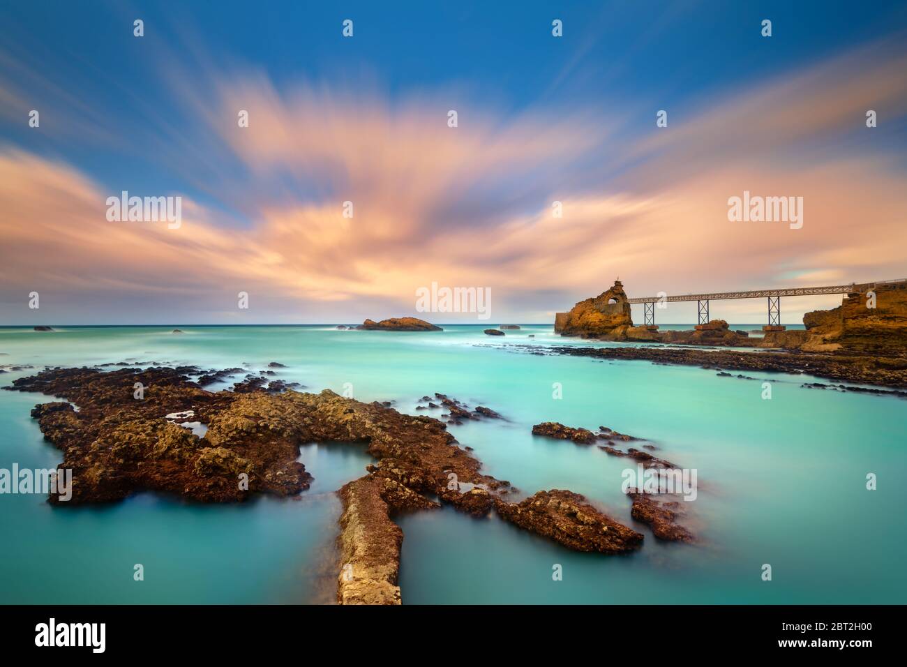 Rocher de la Vierge at sunrise, Pyrenees-Atlantiques, Nouvelle ...