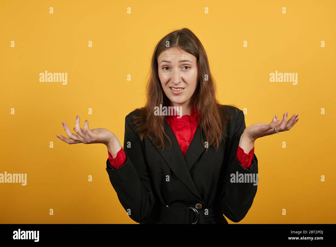 Confused Female Holding Her Hands Wide, Palms Turned Up. Concept Claims ...