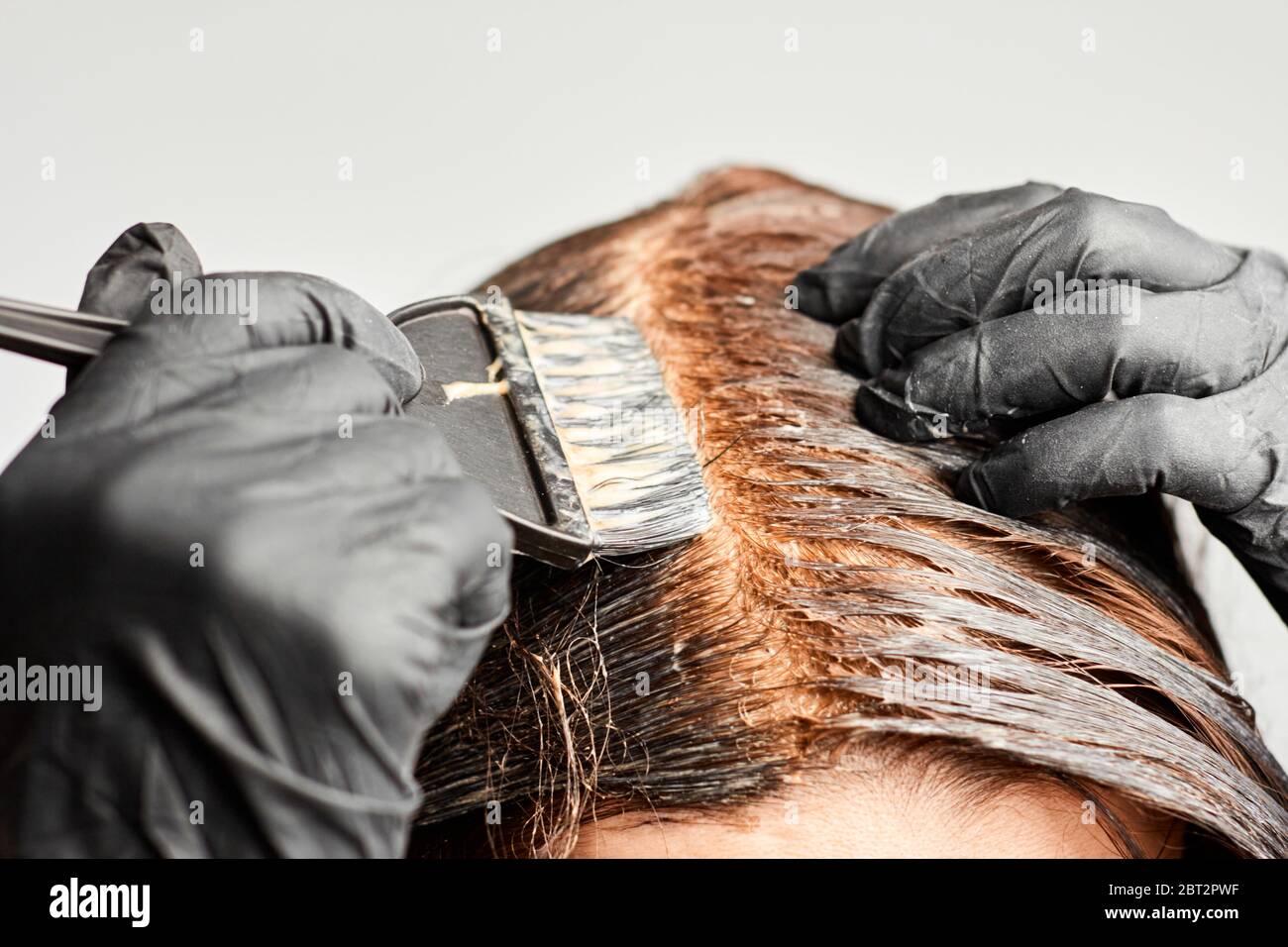 Closeup woman hands dyeing hair using a black brush. Colouring of white ...
