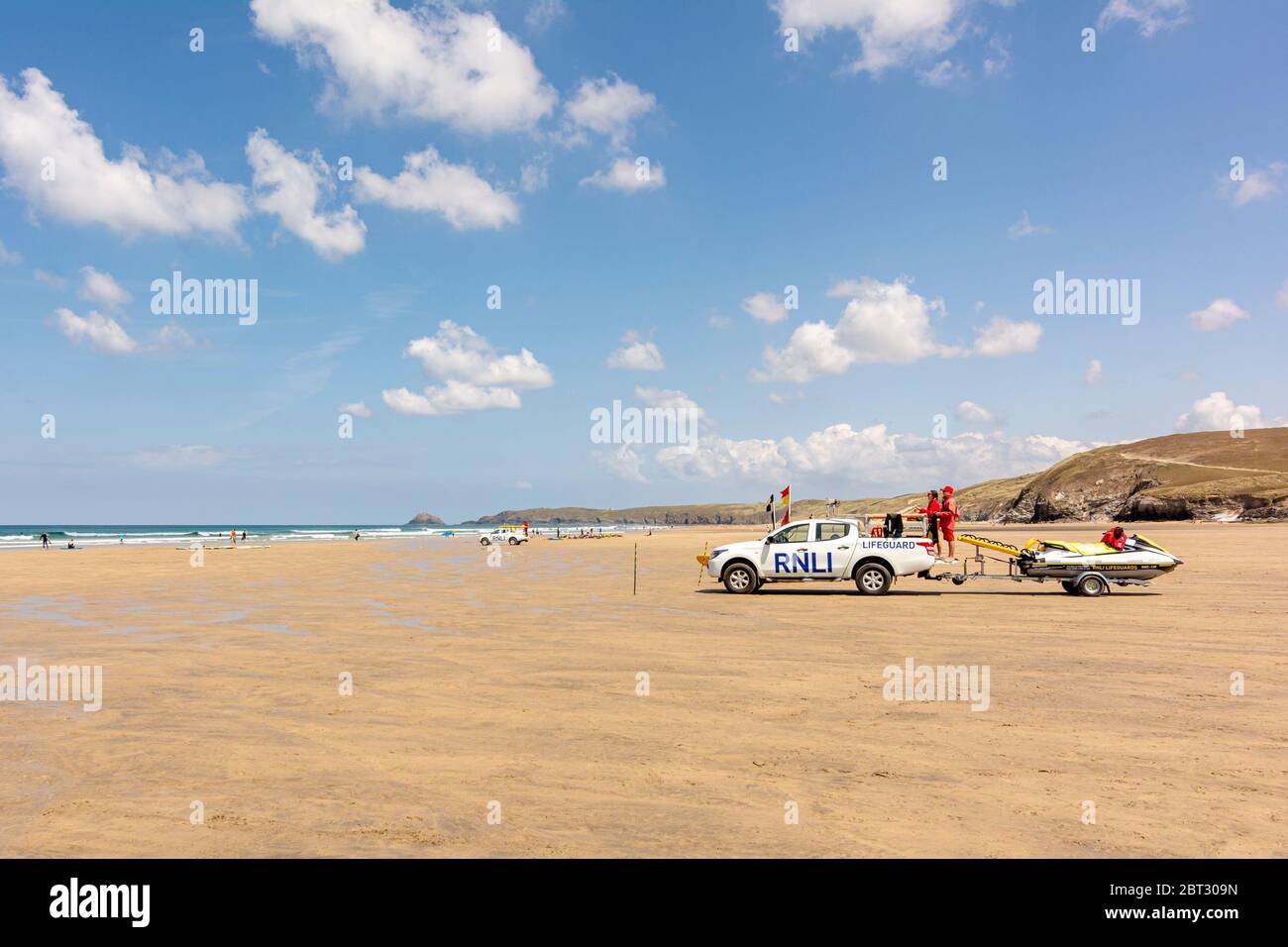 The RNLI on watch on Perran Beach, Perranporth, north Cornwall, UK ...