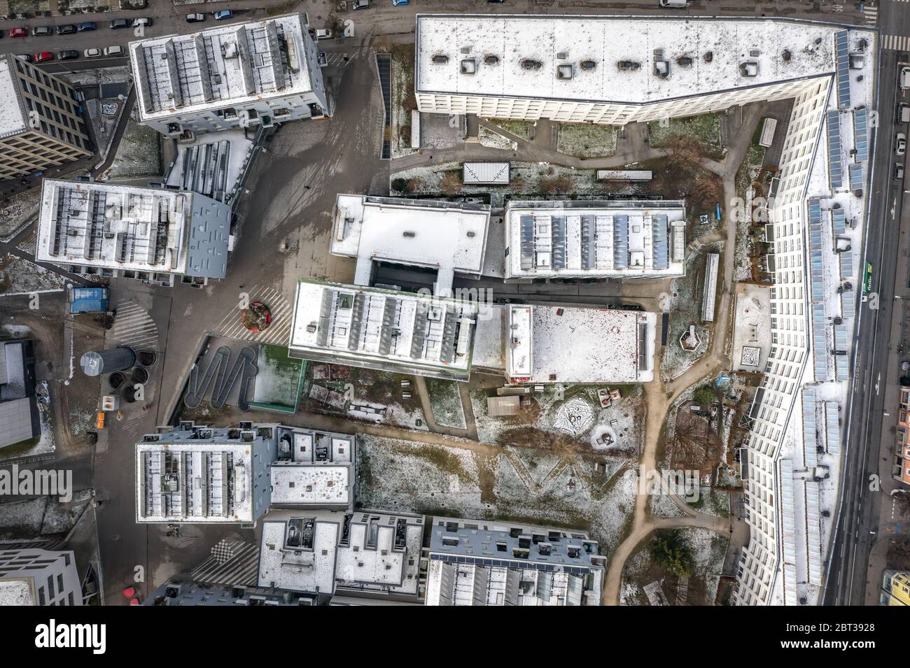Aerial drone shot view of building complex with solar panels on Stock ...