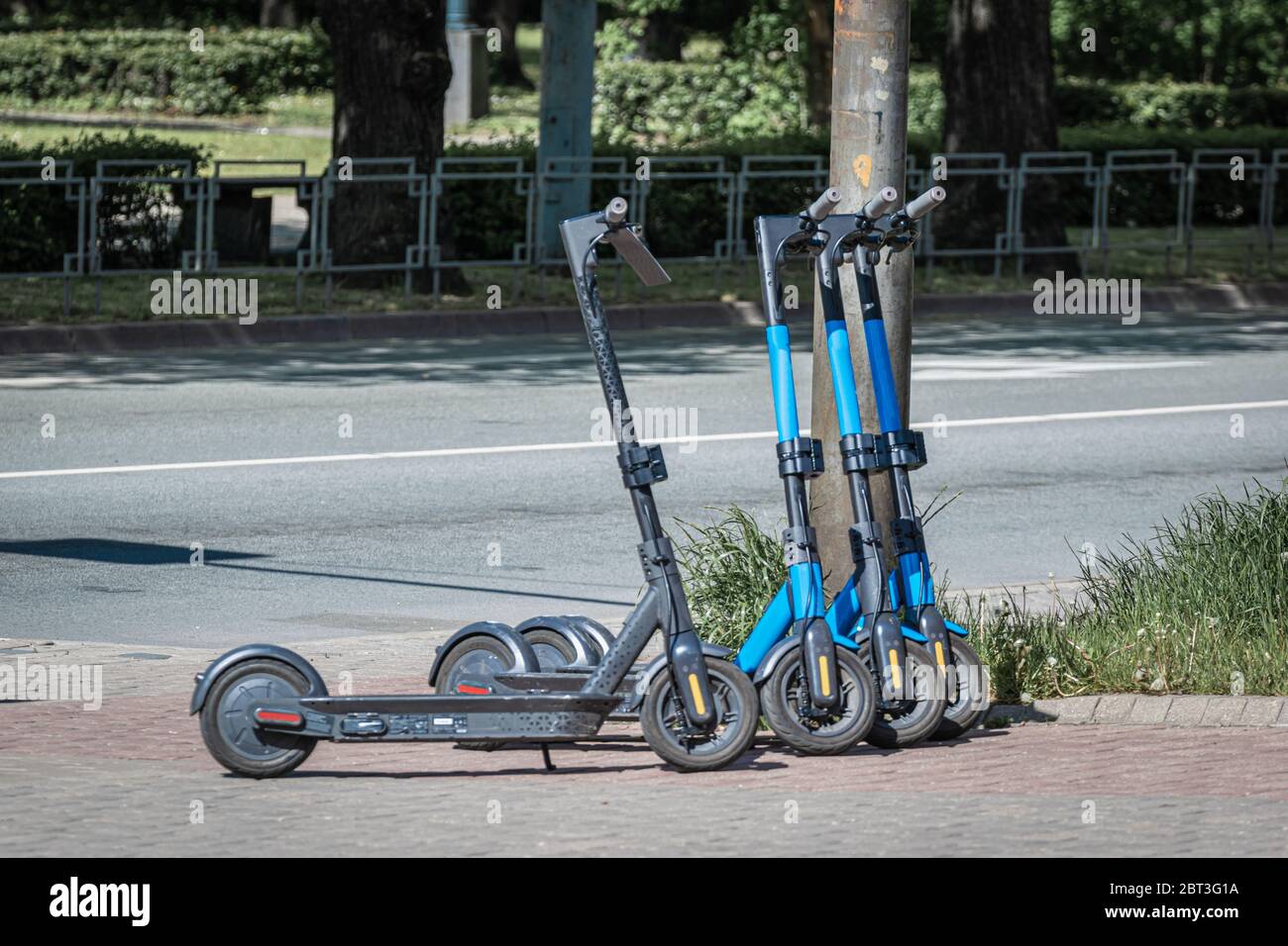 Blue dockless electric scooters on the sidewalk. Alternative transport ...