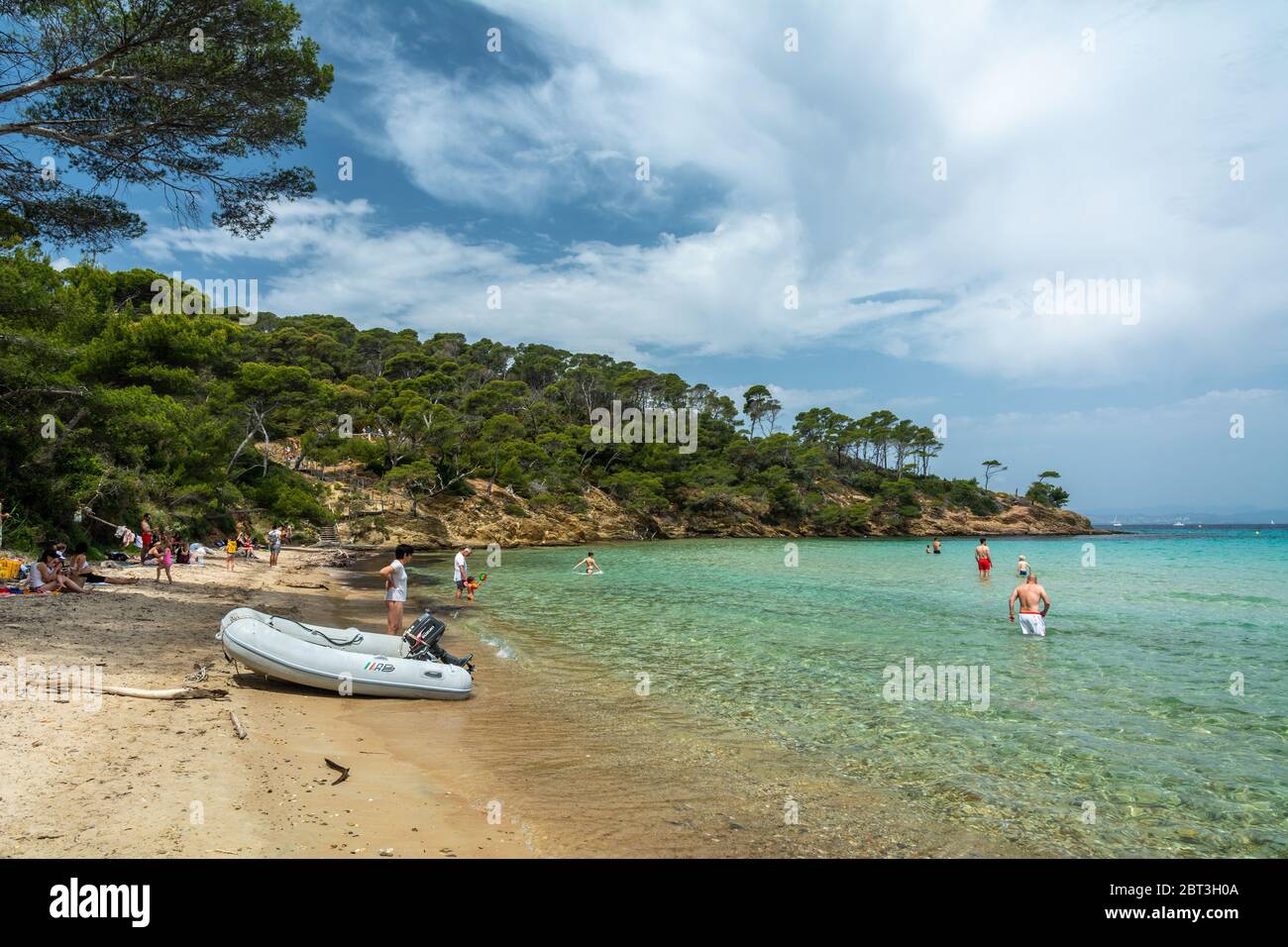 Porquerolles, France - June 10, 2019 : People on the beach of Notre ...